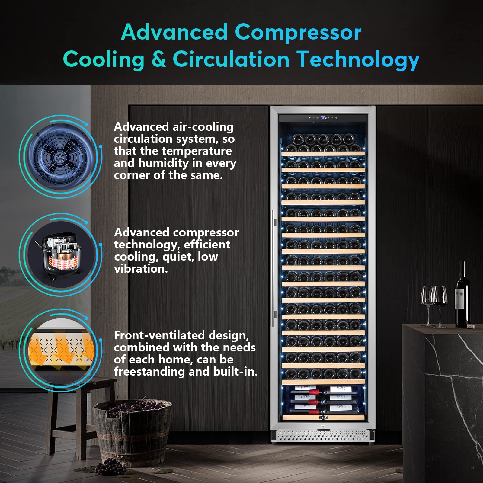 TYLZA Wine Fridge 24 Inch, 189 Bottles Large Wine Cooler Refrigerator, Built-in or Freestanding Tall Wine Cooler with Upgraded Compressor, Low Noise, Fast Cooling and Intelligent Temperature Memory