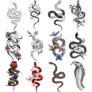 ooopsiun 12 large sheets snake temporary tattoos for men women, cool waterproof body fake tattoo sticker for aldult 3d cobra mamba viper arm tattoos