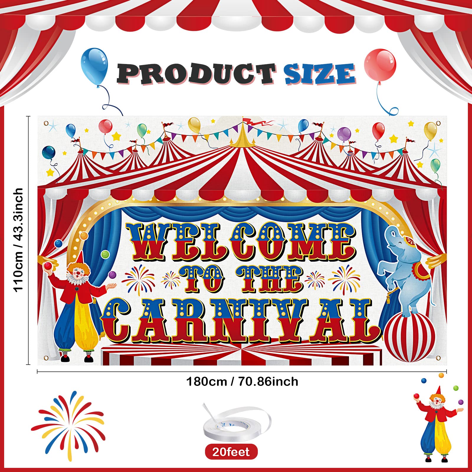 Large Circus Carnival Backdrop Welcome to the Carnival Banner Backdrop Photo Background for Carnival Circus Theme Party Decorations Kids Birthday Party Supplies Photo Booth Props, 71 x 43 Inch