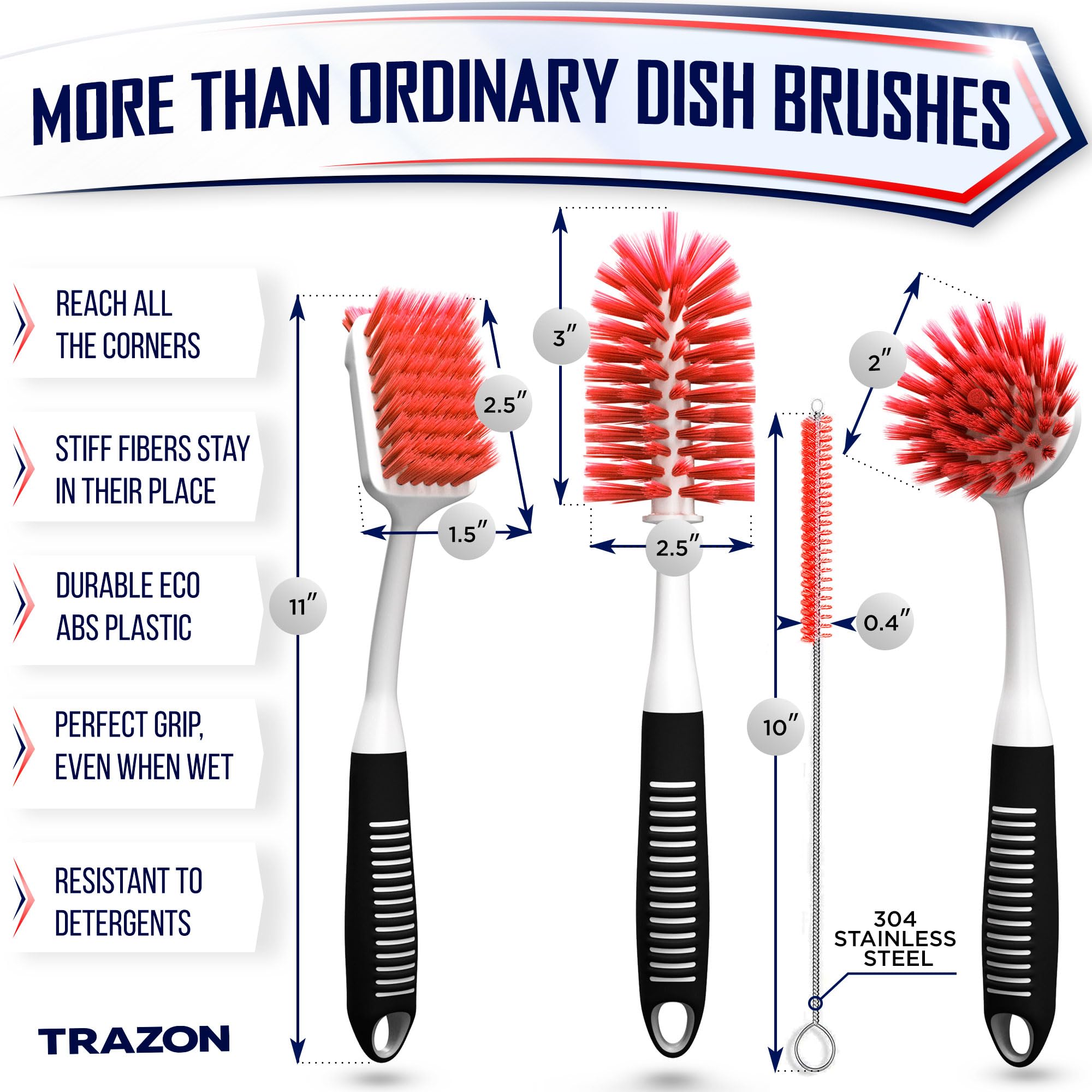 Dish Brush Set of 4 with Bottle Water Brush, Dish Scrub Brush, Scrubber Brush and Straw Brush - Kitchen Scrub Brushes Ergonomic Non Slip Long Handle for Cleaning Cleaner Wash Dish Sink Dishes Cup Pot