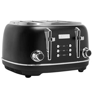 haden heritage 4-slice wide slot retro toaster with automatic self-center, adjustable settings, reheat/defrost, & removable crumb tray, black/chrome