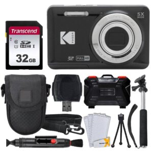 kodak pixpro fz55 digital camera (black) + 32gb memory card + point and shoot camera case + extendable monopod + lens cleaning pen + lcd screen protectors + table top tripod – ultimate bundle