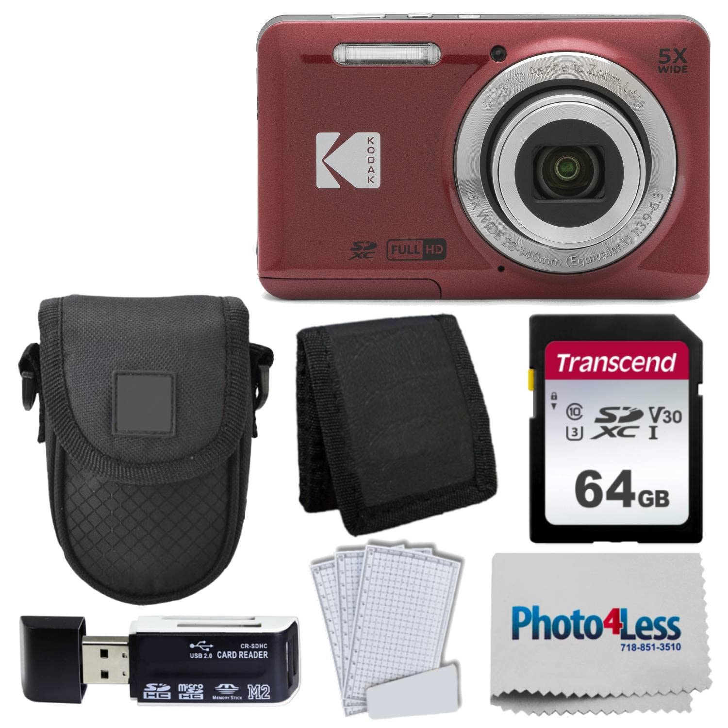 Kodak PIXPRO FZ55 Digital Camera (Red) + Black Point & Shoot Camera Case + Transcend 64GB SD Memory Card + Tri-fold Memory Card Wallet + Hi-Speed SD USB Card Reader + More!