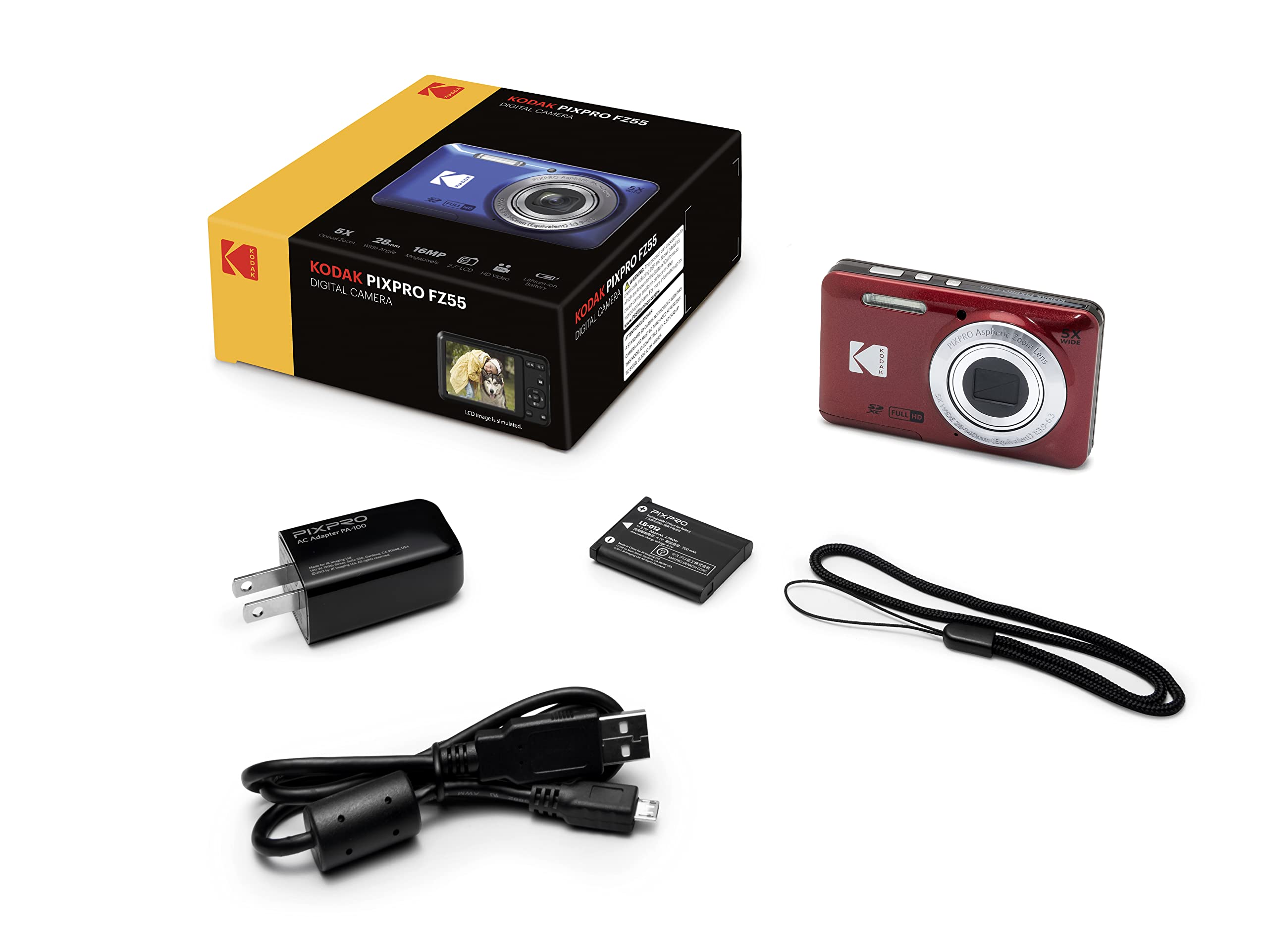 Kodak PIXPRO FZ55 Digital Camera (Red) + Black Point & Shoot Camera Case + Transcend 64GB SD Memory Card + Tri-fold Memory Card Wallet + Hi-Speed SD USB Card Reader + More!