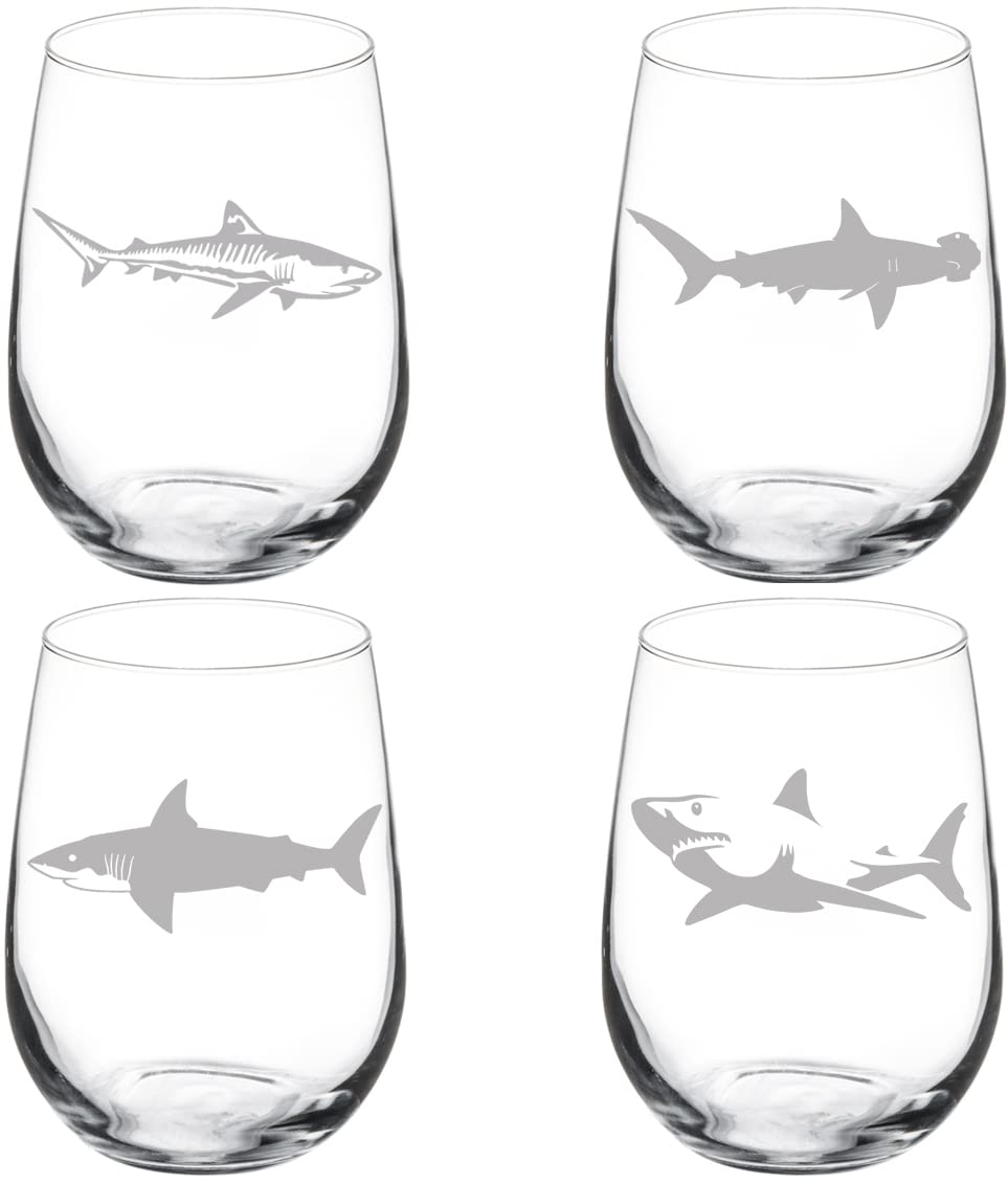 MIP Set of 4 Wine Glass Goblet Sharks (17 oz Stemless)