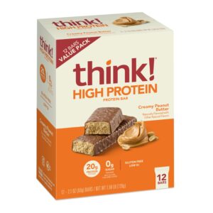 think! protein bars, high protein snacks, gluten free, kosher friendly, creamy peanut butter, nutrition bars, 2.1 oz per bar, 12 count (packaging may vary)