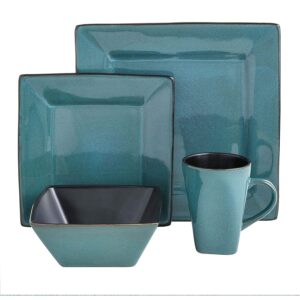 Gibson Elite Kiesling 16 Piece Reactive Glaze Durable Microwave and Dishwasher Safe Plates, Bowls, and Mugs Dinnerware Set, Turquoise (2 Pack)