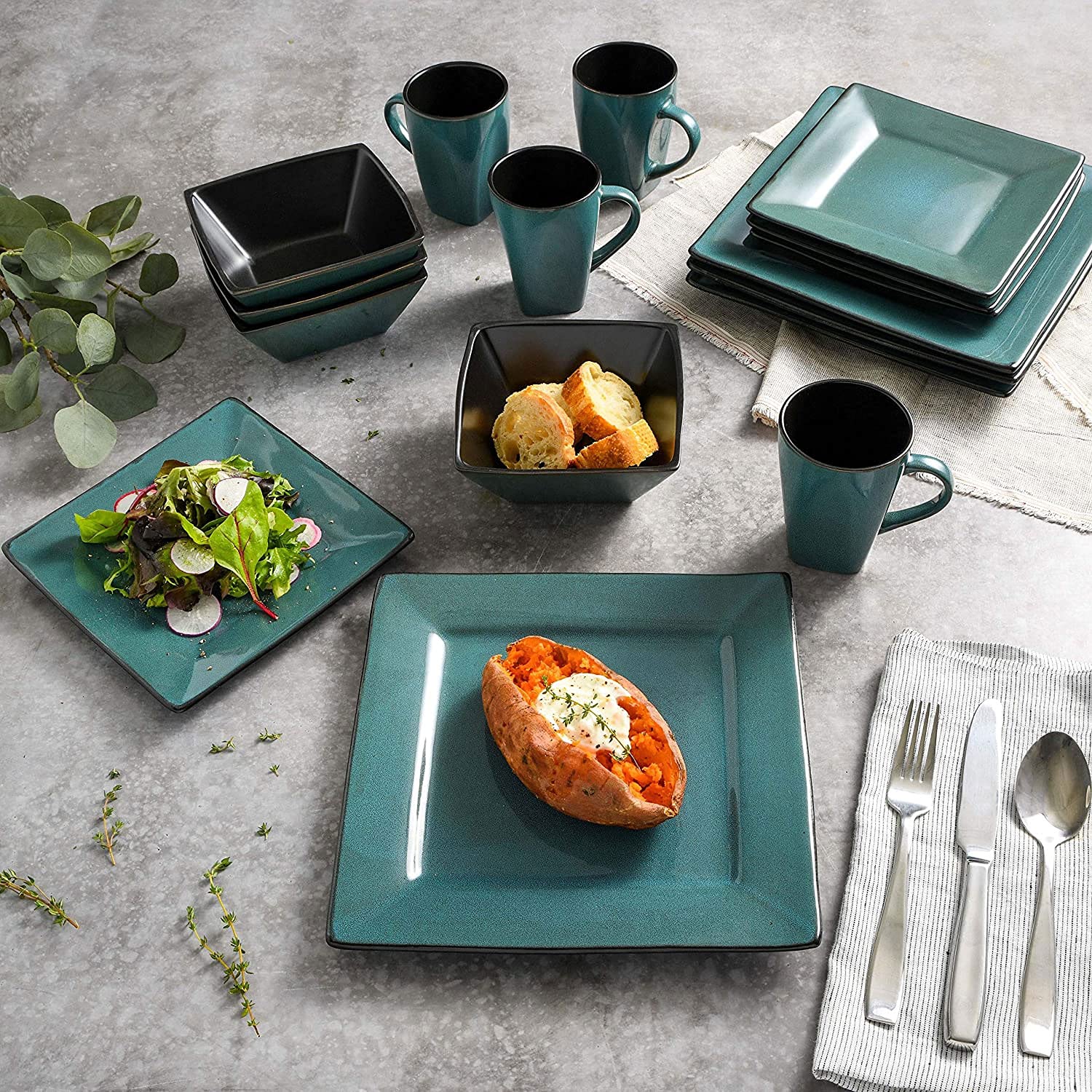 Gibson Elite Kiesling 16 Piece Reactive Glaze Durable Microwave and Dishwasher Safe Plates, Bowls, and Mugs Dinnerware Set, Turquoise (2 Pack)