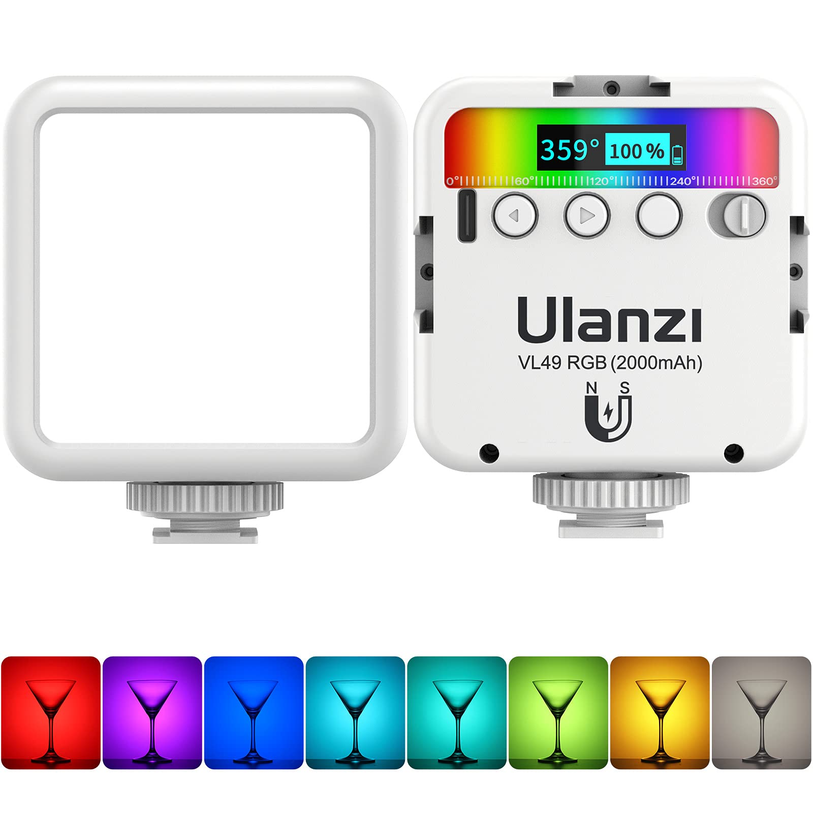 ULANZI VL49 RGB Video Lights White, LED Camera Light 360° Full Color Portable Photography Lighting w 3 Cold Shoe, 2000mAh Rechargeable CRI 95+ 2500-9000K Lamp Support Magnetic Attraction