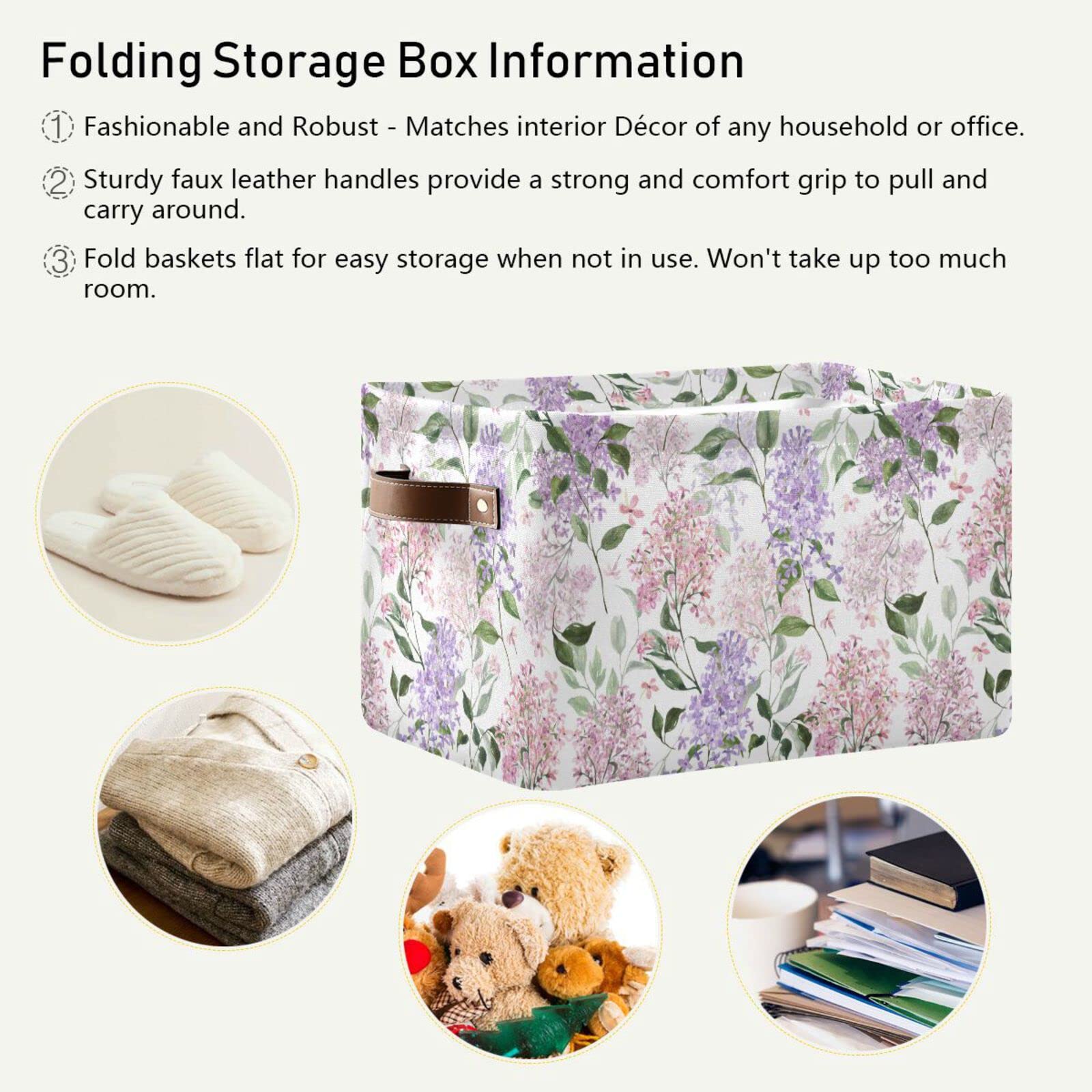 xigua Beautiful Lilacs Pattern Foldable Storage Bin, Collapsible Sturdy Fabric Storage Basket Cube W/Handles, Storage Box for Organizing Toys Nursery Shelf Closet Bedroom Office 1PCS