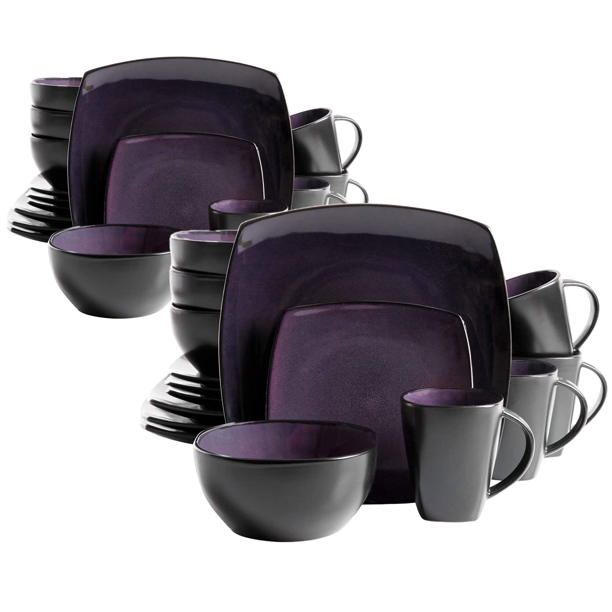 Gibson Elite Soho Lounge 16 Piece Reactive Glaze Durable Microwave and Dishwasher Safe Plates, Bowls, and Mugs Dinnerware Set, Purple (2 Pack)