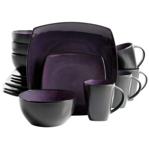 Gibson Elite Soho Lounge 16 Piece Reactive Glaze Durable Microwave and Dishwasher Safe Plates, Bowls, and Mugs Dinnerware Set, Purple (2 Pack)