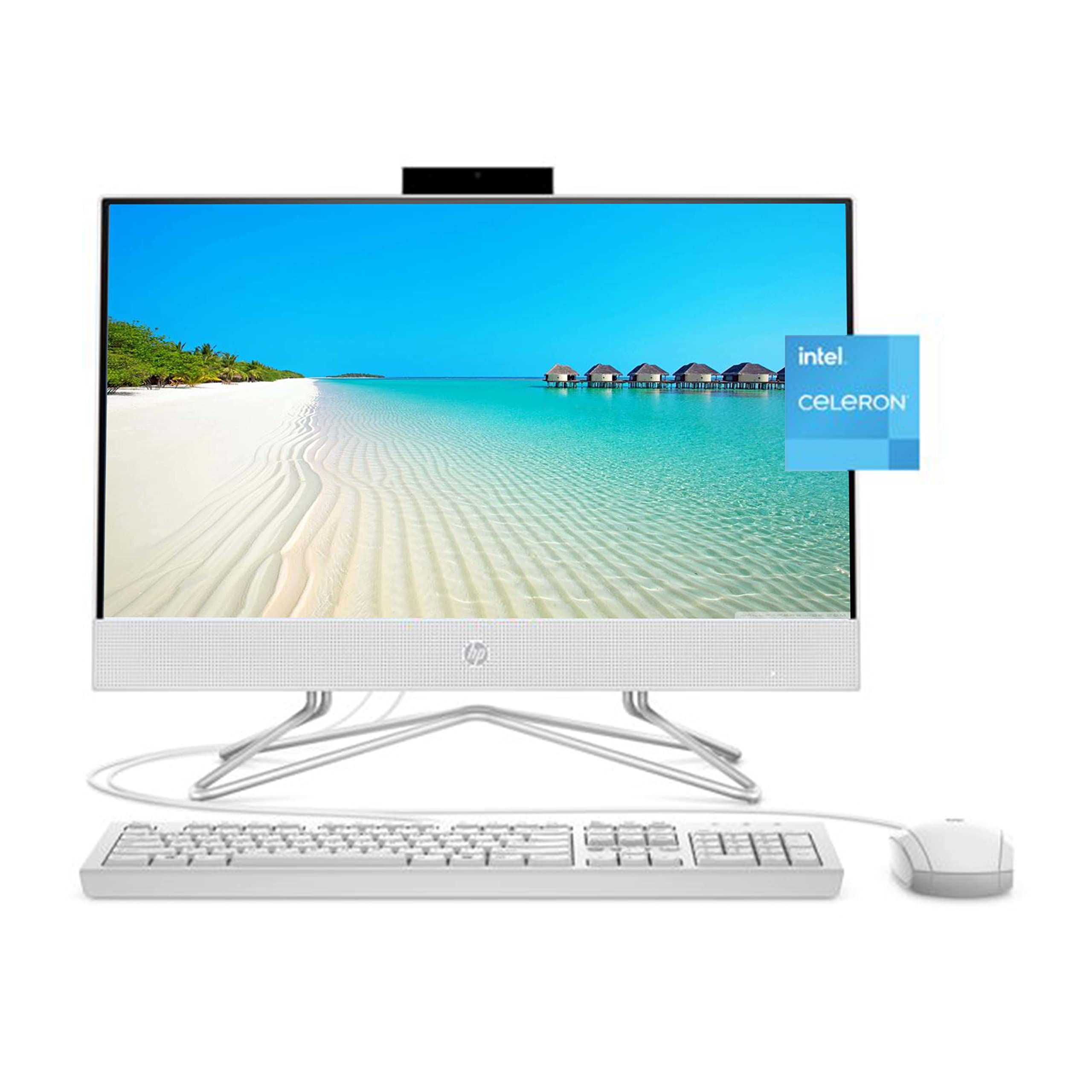 HP 2022 Newest All-in-One Desktop, 21.5" FHD Display, Intel Celeron G5905T, 32GB RAM, 1TB PCIe SSD, Webcam, WiFi, HDMI, RJ-45, Wired Keyboard&Mouse, DVD-RW, Windows 11 Home, White