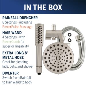 Waterpik High Pressure Pulsating Shower Wand and Rain Shower Head Combo with Extra-Long 8-Foot Metal Hose, HairWand Pulse Spa System 12 Spray Modes for Hair and Body, Brushed Nickel