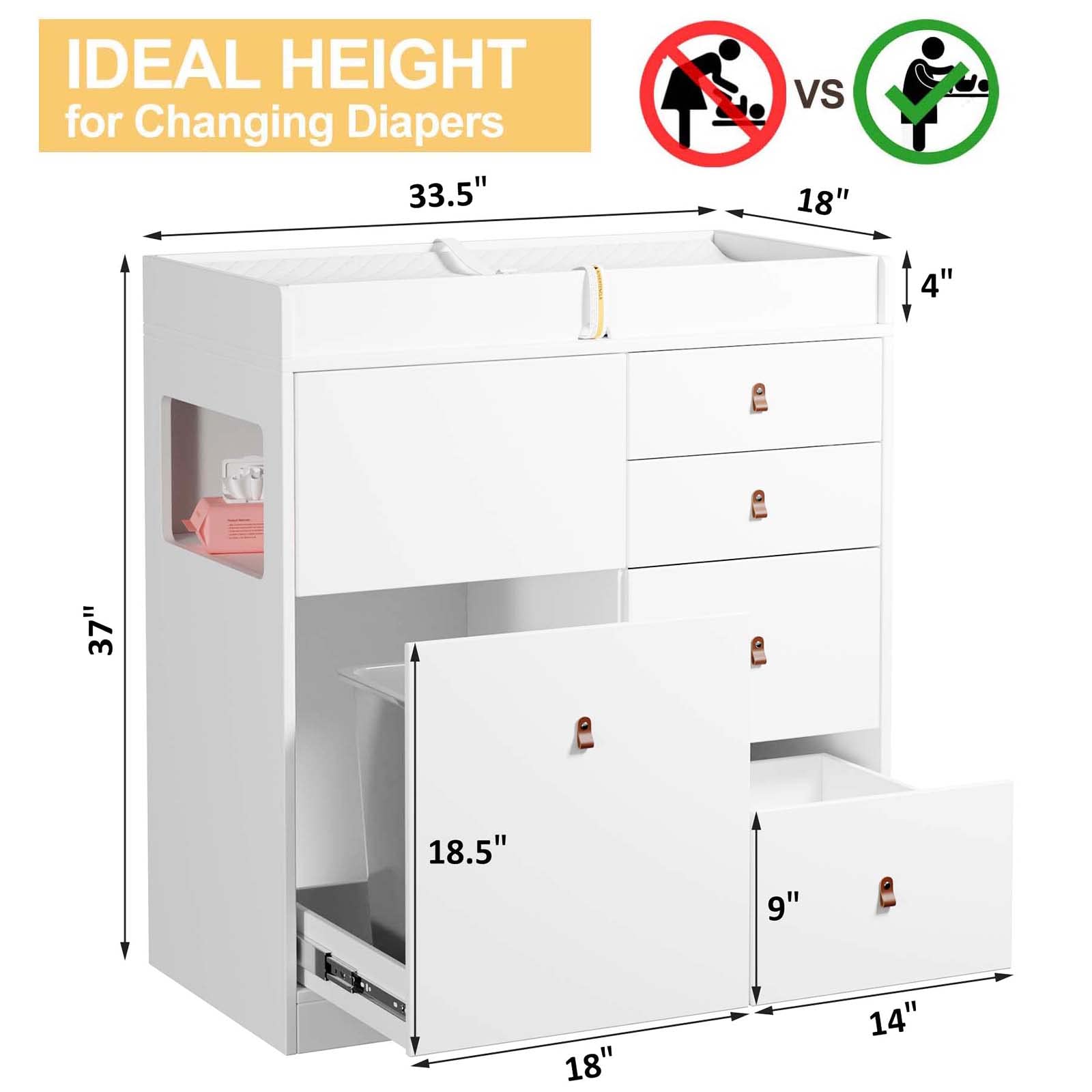 BANIROMAY Baby Changing Table Dresser with 4 Drawers, Nursery Dresser Diaper Table with Changing Pad for Kids Room, Bedroom (White) (White)