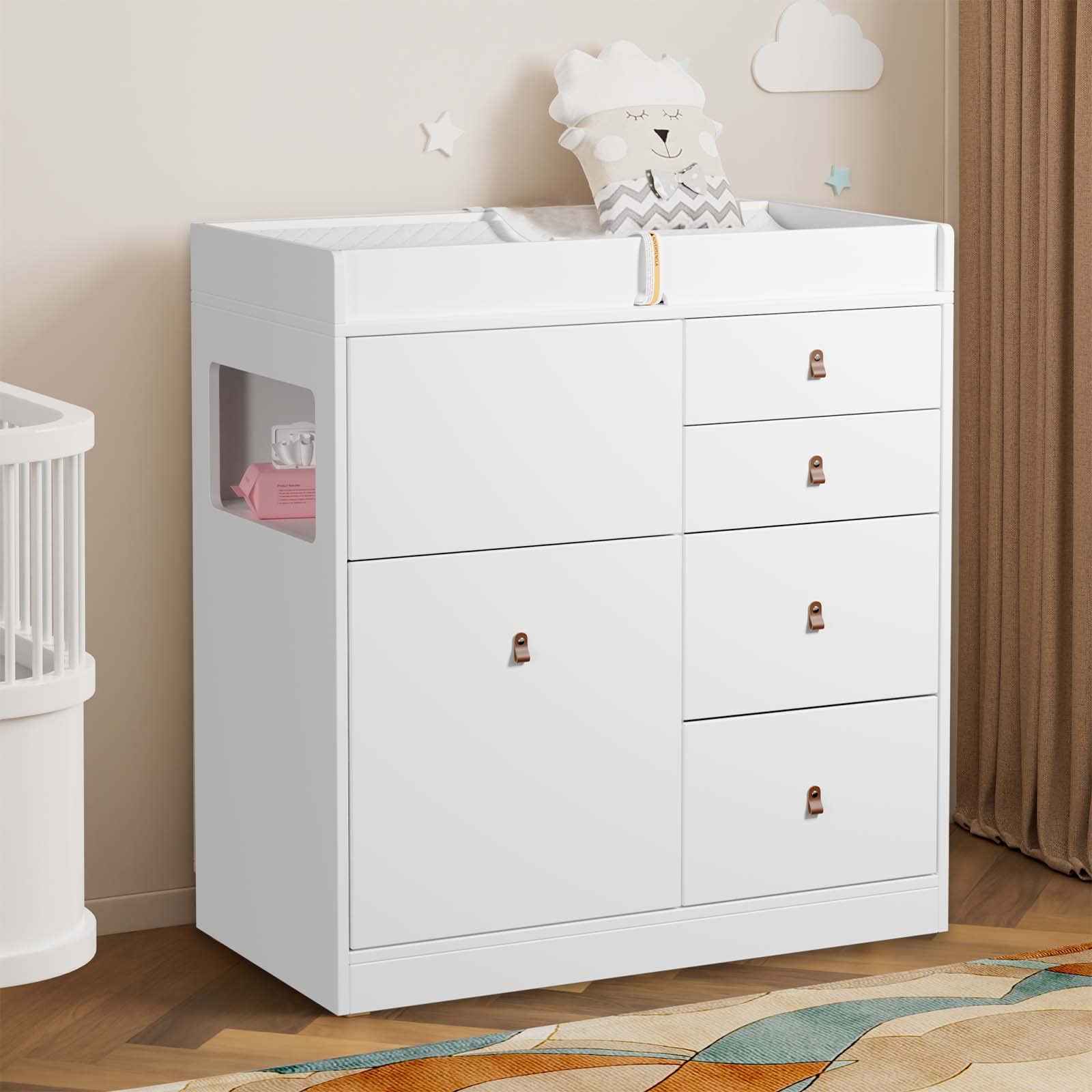 BANIROMAY Baby Changing Table Dresser with 4 Drawers, Nursery Dresser Diaper Table with Changing Pad for Kids Room, Bedroom (White) (White)