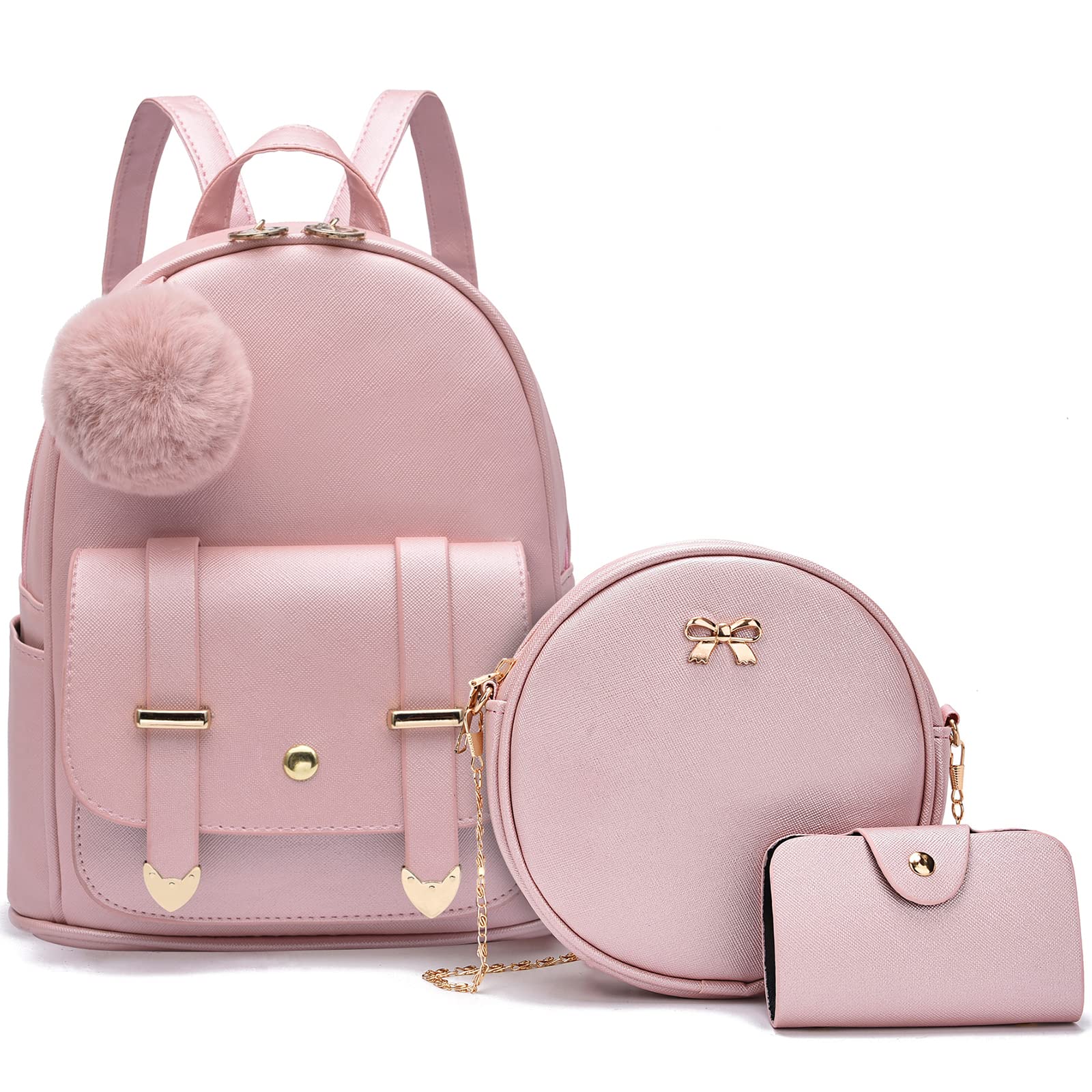 I IHAYNER Mini Leather Backpack Purse for Teen Girls 3-Pieces Fashion Backpack Cute Travel Daypacks Women Pompom Backpack Shoulder Bag Gold Pink