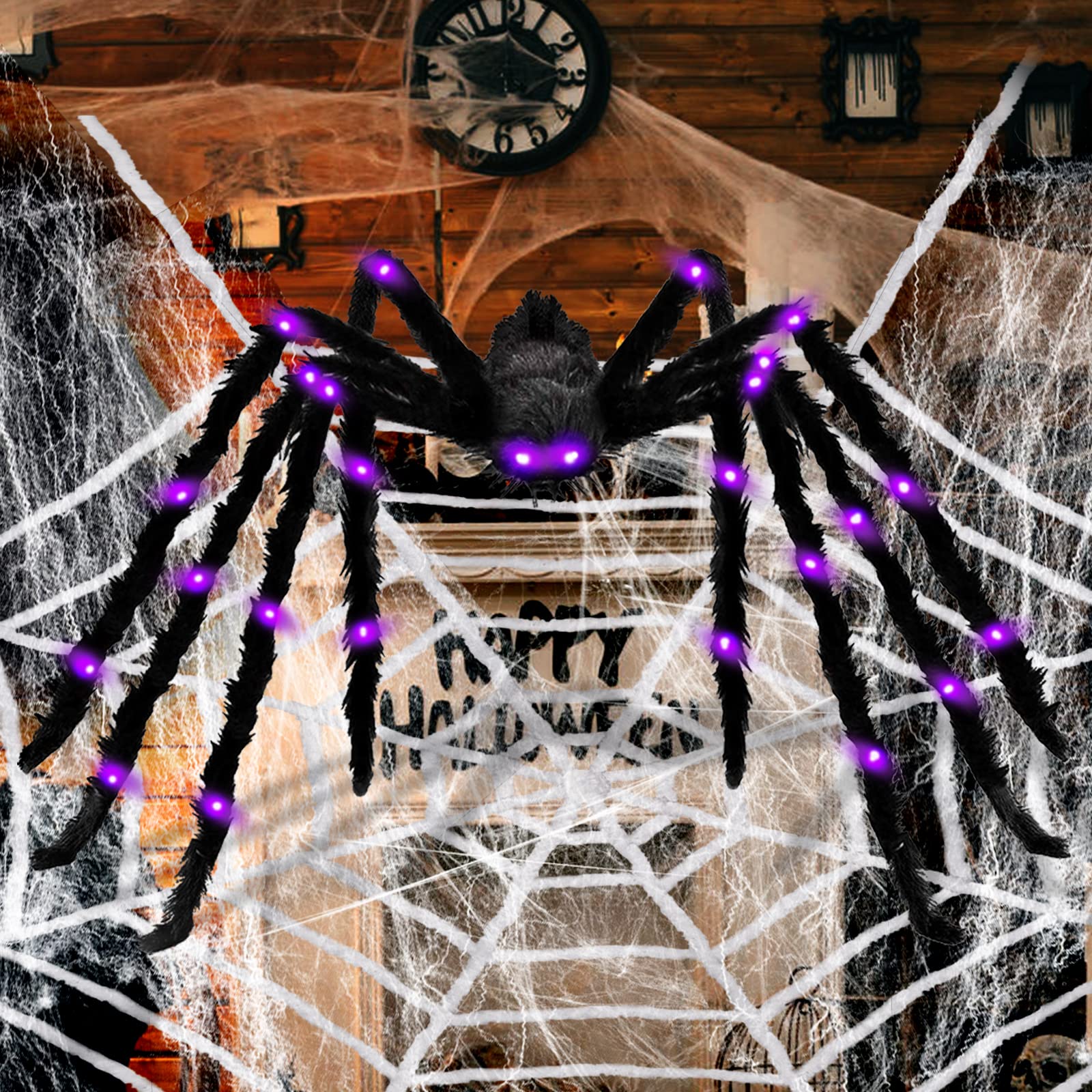 Spider Halloween Decorations Outdoor - 5ft Giant Halloween Spider with Purple Lights and 9ft Spider Wed for Outside Cary Halloween Yard Haunted House Decorations Indoor