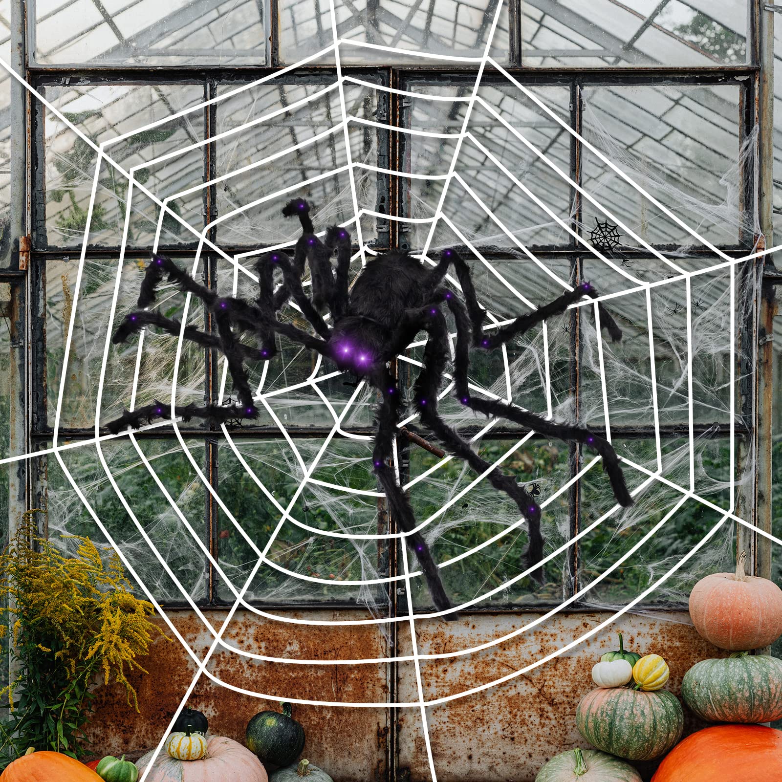 Spider Halloween Decorations Outdoor - 5ft Giant Halloween Spider with Purple Lights and 9ft Spider Wed for Outside Cary Halloween Yard Haunted House Decorations Indoor