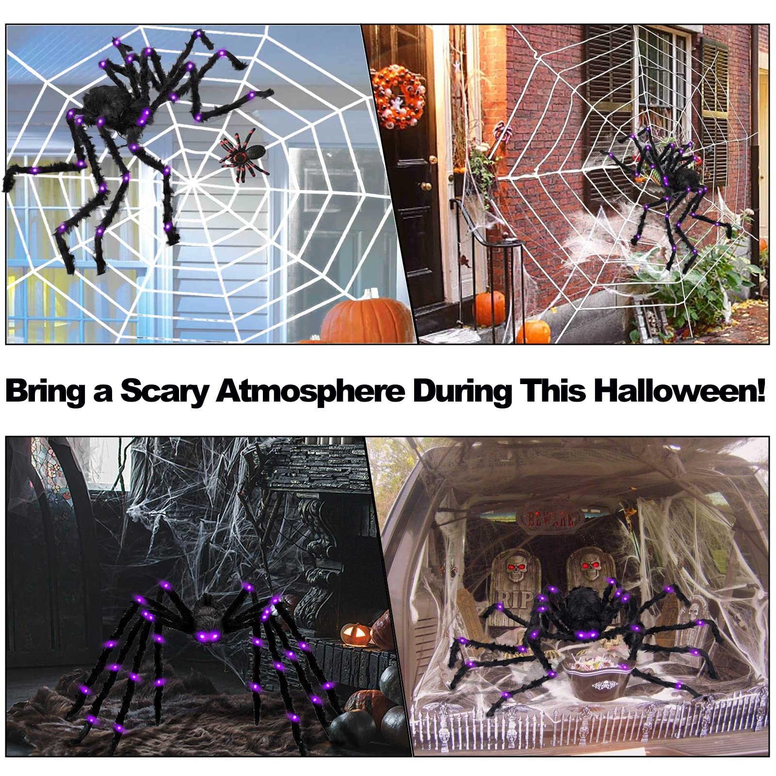 Spider Halloween Decorations Outdoor - 5ft Giant Halloween Spider with Purple Lights and 9ft Spider Wed for Outside Cary Halloween Yard Haunted House Decorations Indoor