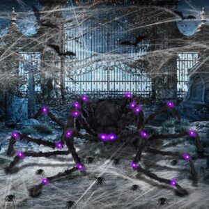 Spider Halloween Decorations Outdoor - 5ft Giant Halloween Spider with Purple Lights and 9ft Spider Wed for Outside Cary Halloween Yard Haunted House Decorations Indoor