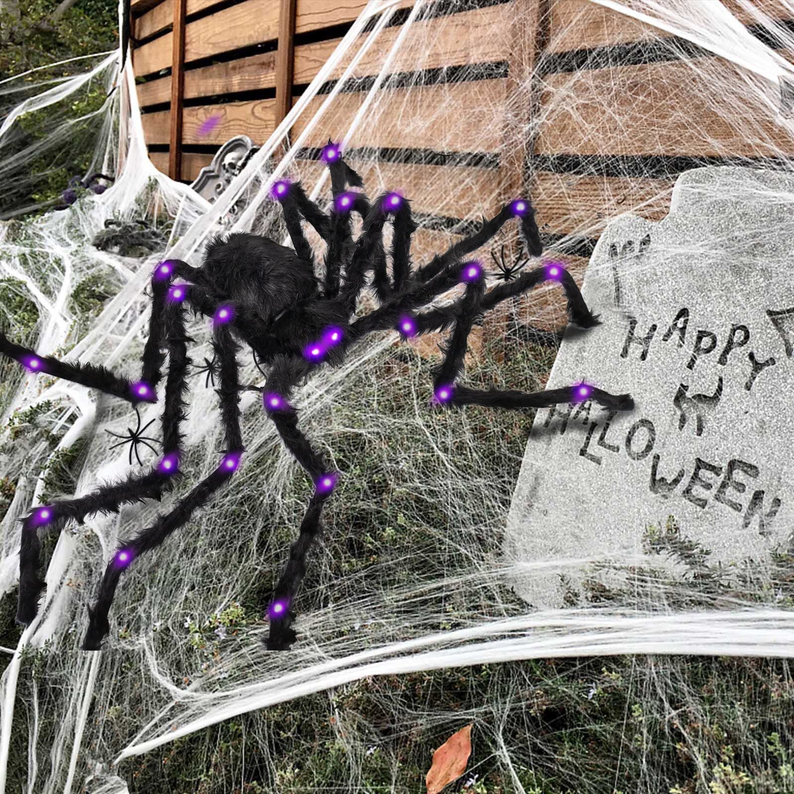 Spider Halloween Decorations Outdoor - 5ft Giant Halloween Spider with Purple Lights and 9ft Spider Wed for Outside Cary Halloween Yard Haunted House Decorations Indoor