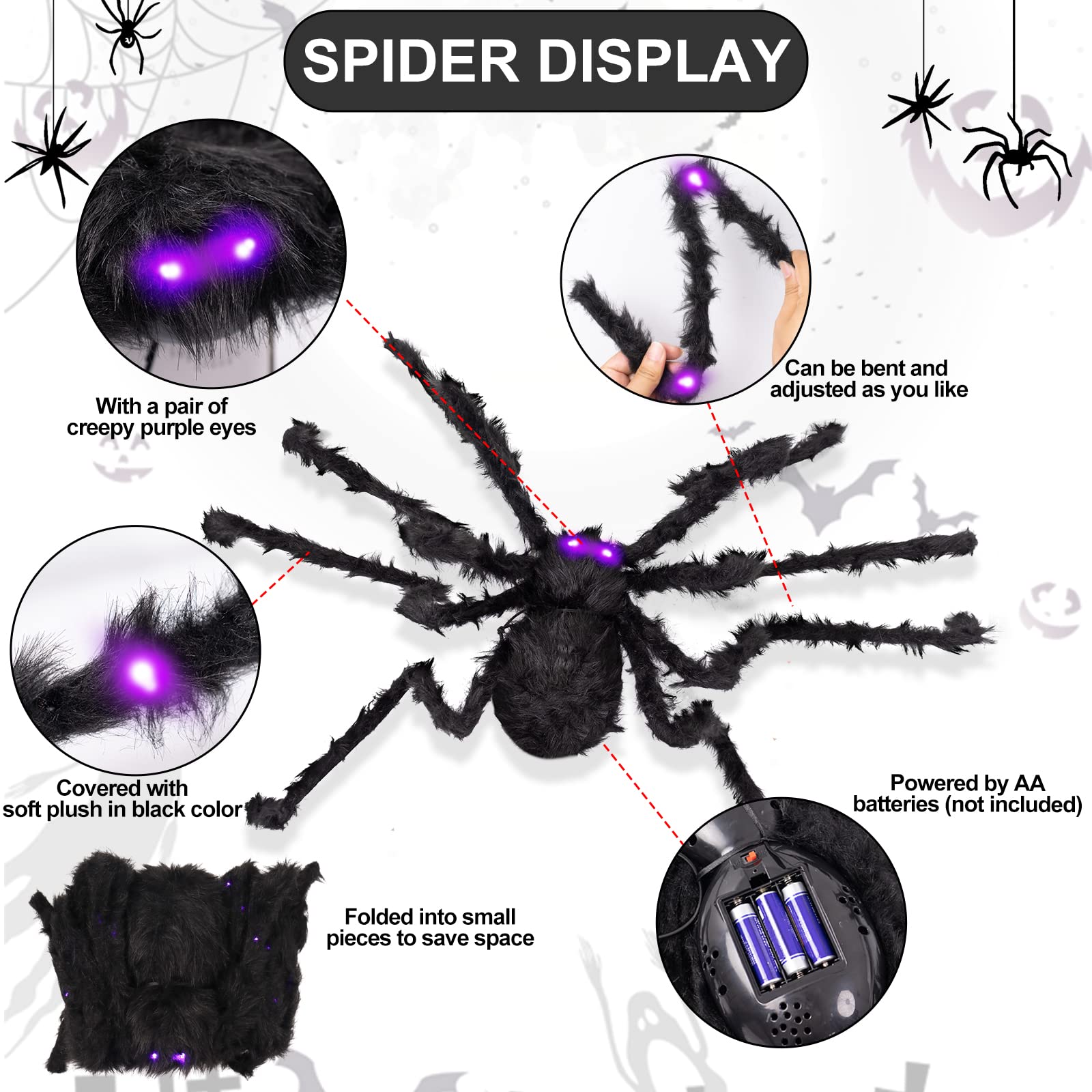 Spider Halloween Decorations Outdoor - 5ft Giant Halloween Spider with Purple Lights and 9ft Spider Wed for Outside Cary Halloween Yard Haunted House Decorations Indoor