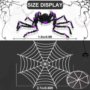 Spider Halloween Decorations Outdoor - 5ft Giant Halloween Spider with Purple Lights and 9ft Spider Wed for Outside Cary Halloween Yard Haunted House Decorations Indoor