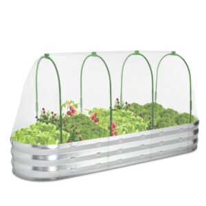 potey raised garden bed with greenhouse galvanized planter box with 2 greenhouse cover for outdoor gardening garden box for fruit, vegetable, flower, herbs and strawberry plant