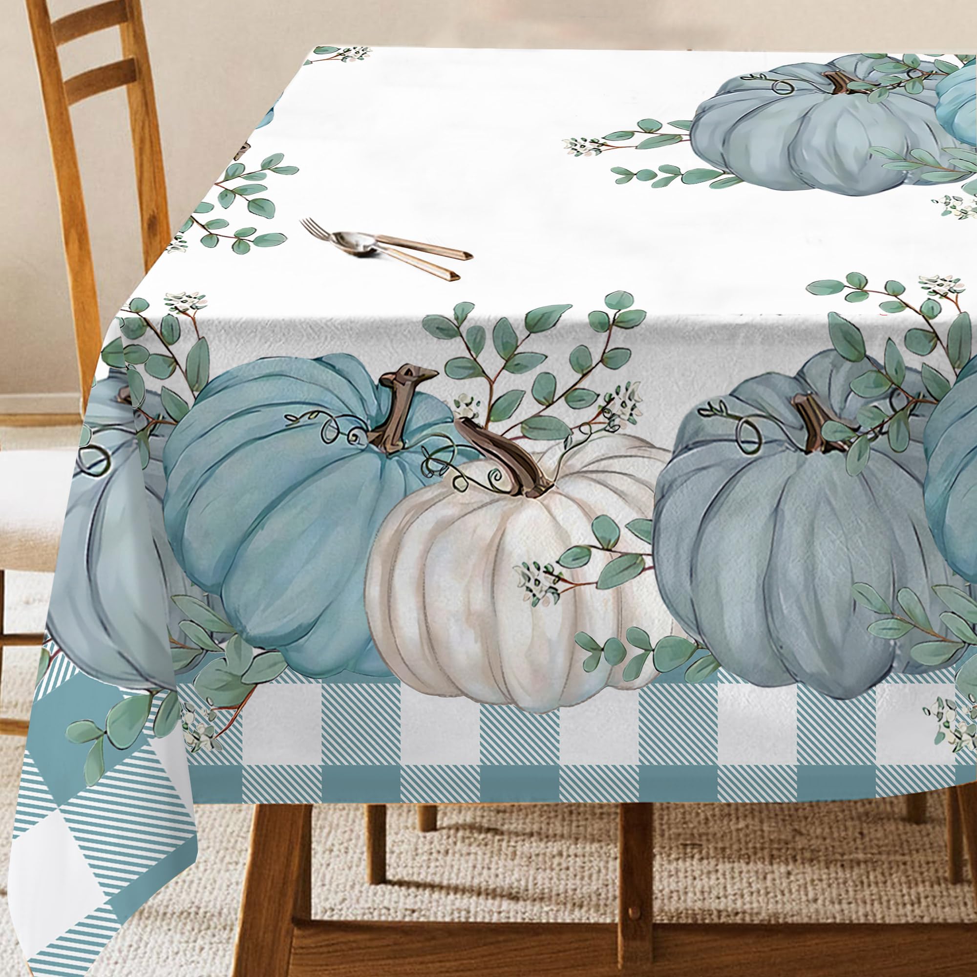 pinata Fall Tablecloth, Teal Buffalo Plaid Pumpkins Table Cloth Rectangle 60x84 inch, Autumn Farmhouse Harvest Fabric Kitchen Table Decorations for Dinner, Parties, Fall Indoor or Outdoor Decor