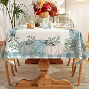 pinata Fall Tablecloth, Teal Buffalo Plaid Pumpkins Table Cloth Rectangle 60x84 inch, Autumn Farmhouse Harvest Fabric Kitchen Table Decorations for Dinner, Parties, Fall Indoor or Outdoor Decor