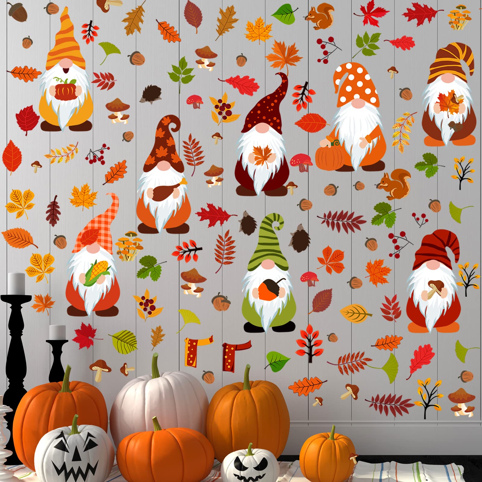 Eersida 123 Pcs Fall Gnomes Wall Stickers Thanksgiving Wall Decals Autumn Maple Leaves Wall Decor Fall Decorations Wall Vinyl Stickers for Home Classroom Kids Thanksgiving Party Supplies, 6 Sheets