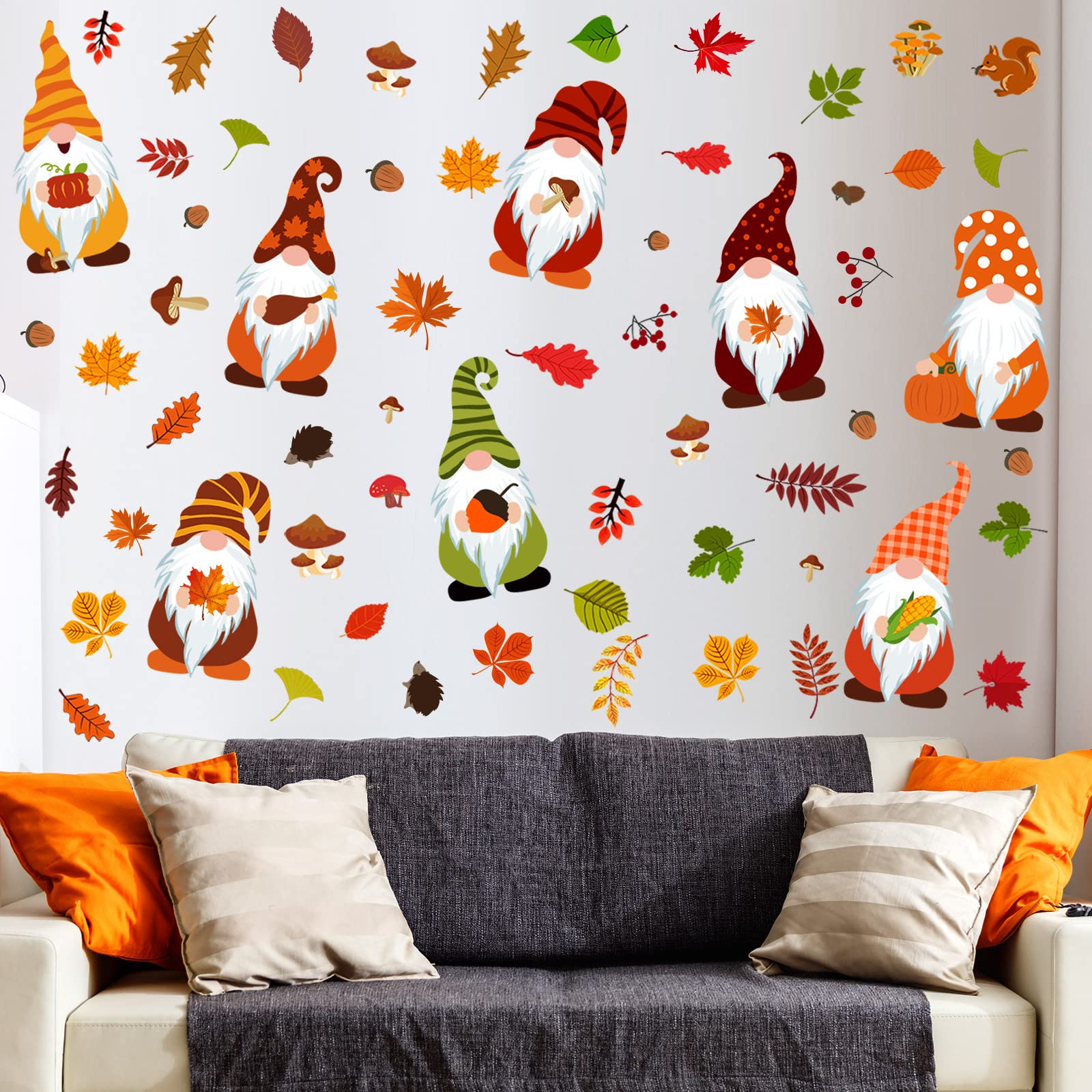 Eersida 123 Pcs Fall Gnomes Wall Stickers Thanksgiving Wall Decals Autumn Maple Leaves Wall Decor Fall Decorations Wall Vinyl Stickers for Home Classroom Kids Thanksgiving Party Supplies, 6 Sheets