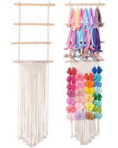 headband and hair bows holder macrame bow organizer for girls hair bows, hair bow organizer baby headband holder hair clip organizer with 60 plastic hooks for door boho wall room, 13 x 50 inch (white)