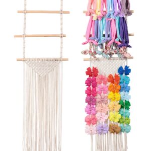 Headband and Hair Bows Holder Macrame Bow Organizer for Girls Hair Bows, Hair Bow Organizer Baby Headband Holder Hair Clip Organizer with 60 Plastic Hooks for Door Boho Wall Room, 13 x 50 Inch (White)