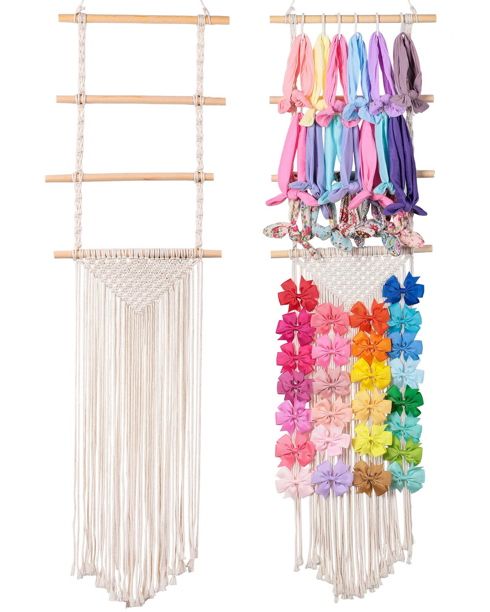 Headband and Hair Bows Holder Macrame Bow Organizer for Girls Hair Bows, Hair Bow Organizer Baby Headband Holder Hair Clip Organizer with 60 Plastic Hooks for Door Boho Wall Room, 13 x 50 Inch (White)