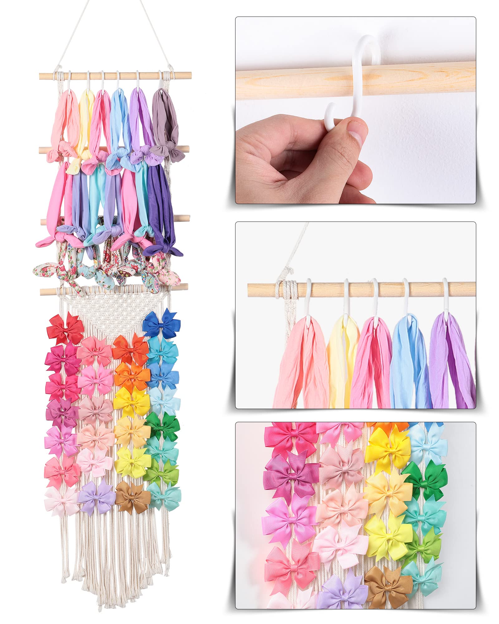 Headband and Hair Bows Holder Macrame Bow Organizer for Girls Hair Bows, Hair Bow Organizer Baby Headband Holder Hair Clip Organizer with 60 Plastic Hooks for Door Boho Wall Room, 13 x 50 Inch (White)