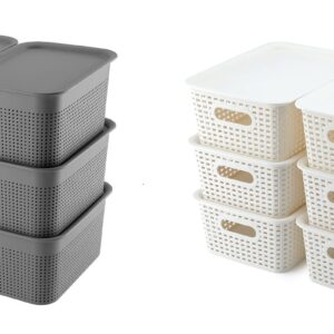 AREYZIN Plastic Storage Baskets With Lids Stacable Organizing Container Lidded Knit Storage Organizer Bins for Shelves Drawers Desktop Closet Playroom Classroom Office, Grey and White