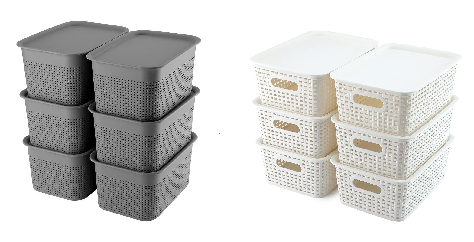 AREYZIN Plastic Storage Baskets With Lids Stacable Organizing Container Lidded Knit Storage Organizer Bins for Shelves Drawers Desktop Closet Playroom Classroom Office, Grey and White