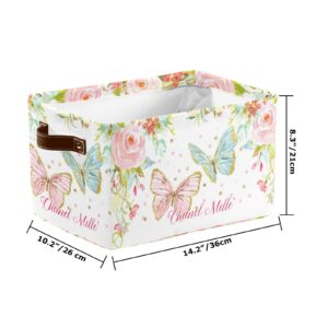 Floral Butterfly Pink Personalized Storage Bins Custom Baskets Cubes Organizer With Handle for Home Nursery Supplies Clothes Toy 1 Pack