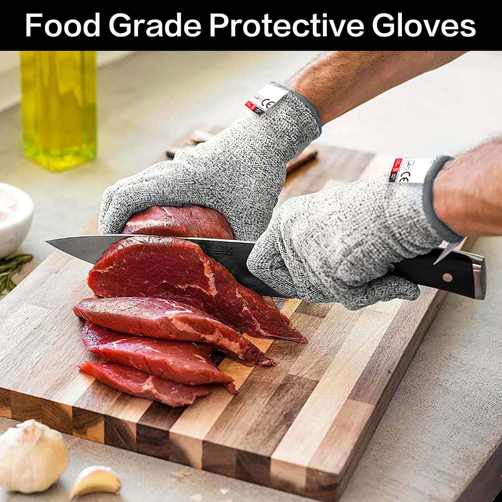 mearens Cut Resistant Gloves, Food Grade Safety Kitchen Anti Cut Gloves Level 5 Proof Cutting Work Gloves (Medium)