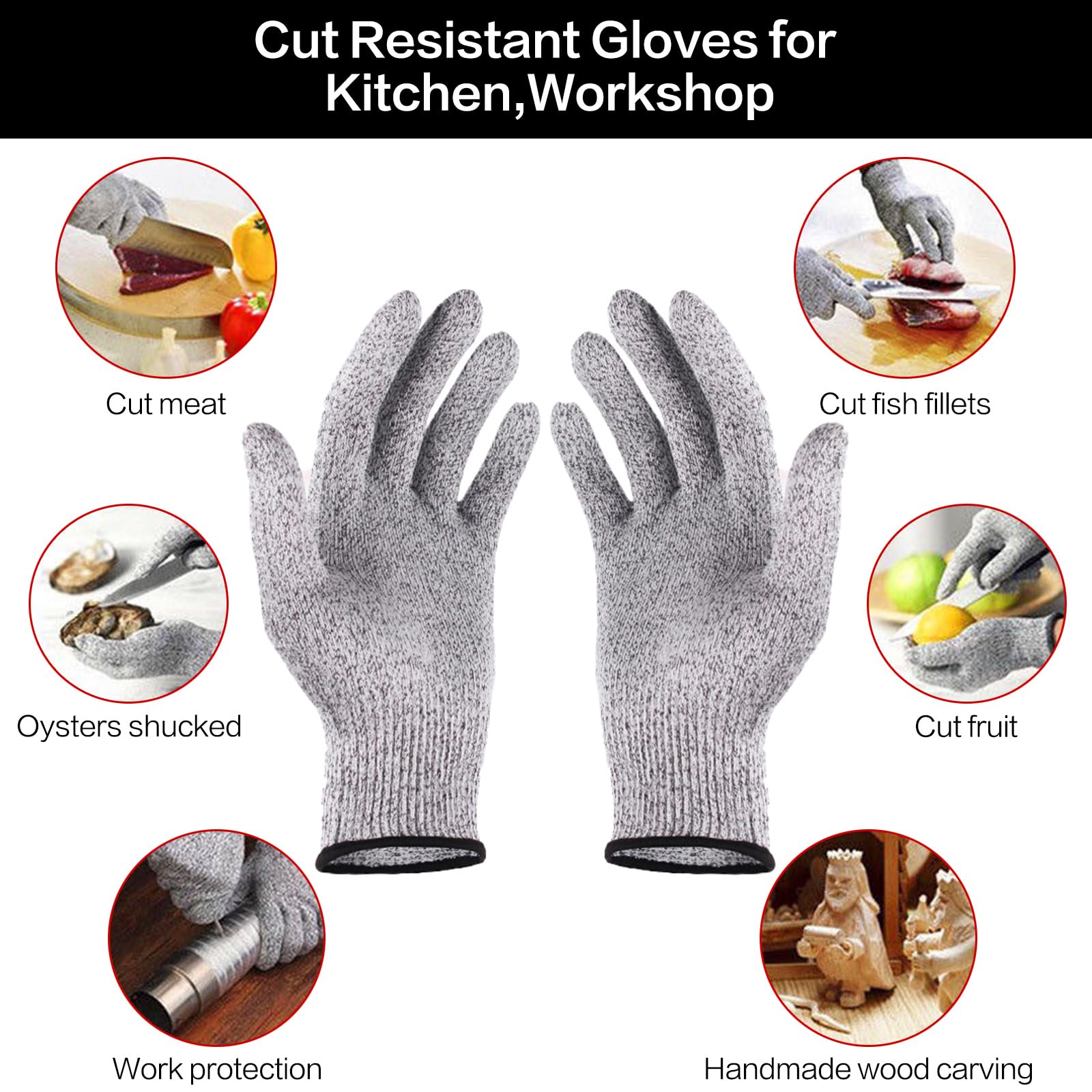 mearens Cut Resistant Gloves, Food Grade Safety Kitchen Anti Cut Gloves Level 5 Proof Cutting Work Gloves (Medium)