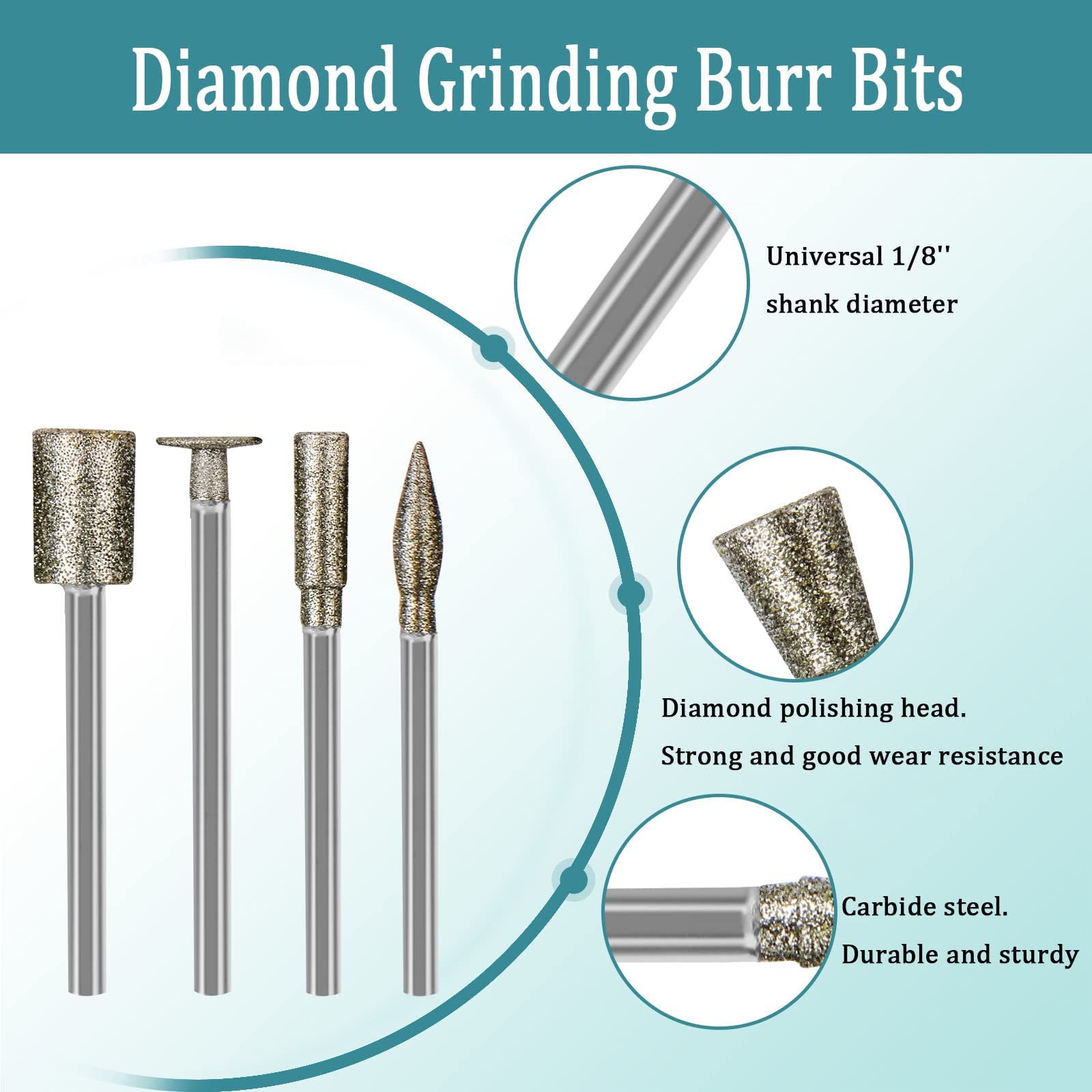 Stone Carving Set Diamond Burr Bits Compatible with Dremel, 50PCS Polishing Kits Rotary Tools Accessories with 1/8’ Shank For Carving, Engraving, Grinding, Stone, Rocks, Jewelry, Glass, Ceramics