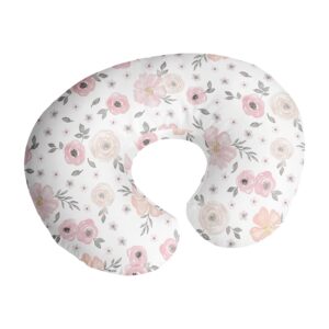 sweet jojo designs watercolor floral nursing pillow cover breastfeeding pillowcase for newborn infant bottle breast feeding pillow not included - blush pink grey boho shabby chic rose flower farmhouse