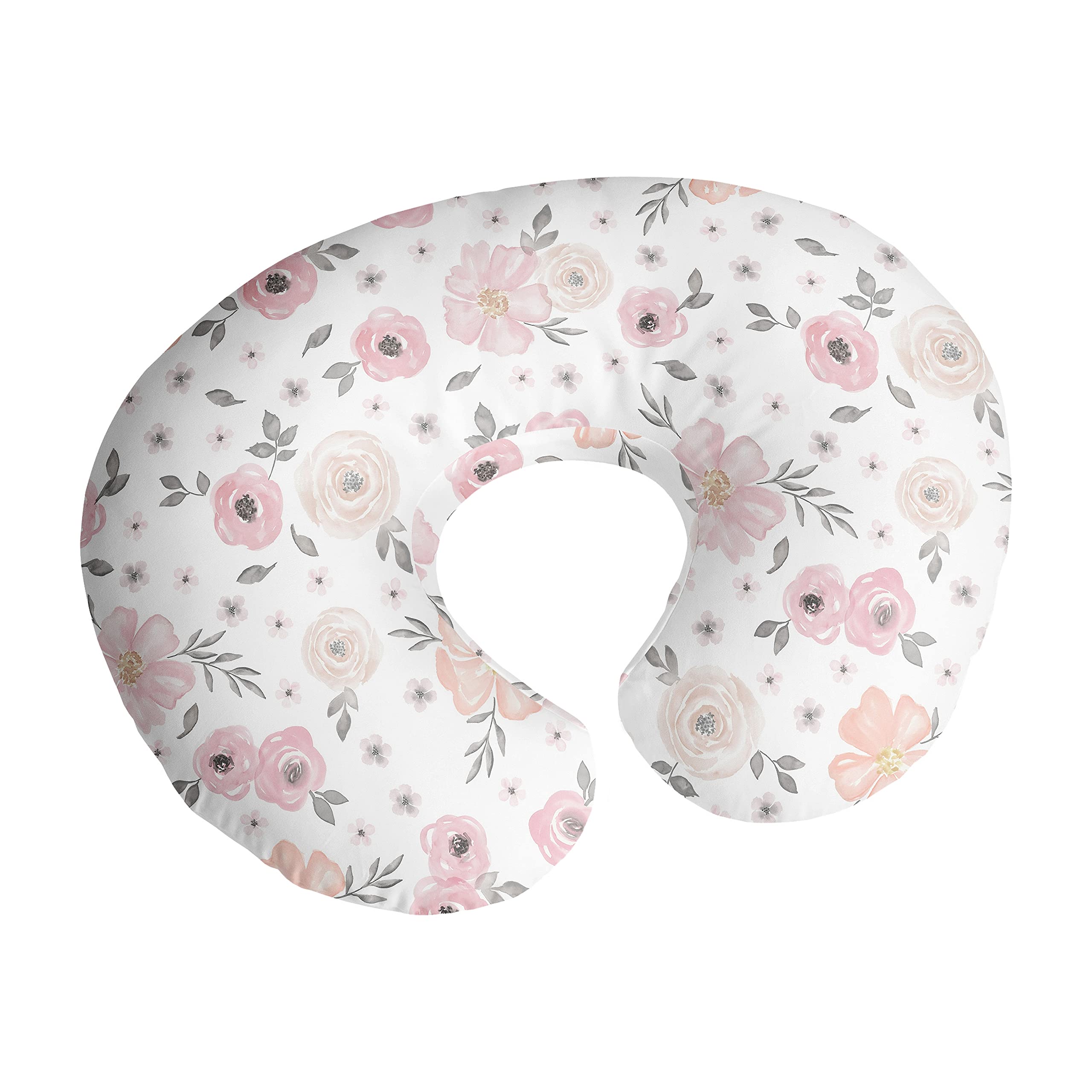 Sweet Jojo Designs Watercolor Floral Nursing Pillow Cover Breastfeeding Pillowcase for Newborn Infant Bottle Breast Feeding Pillow NOT Included - Blush Pink Grey Boho Shabby Chic Rose Flower Farmhouse