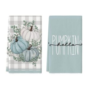 artoid mode hello pumpkin eucalyptus leaves fall kitchen towels dish towels, 18x26 inch autumn thanksgiving harvest tea hand towel set of 2