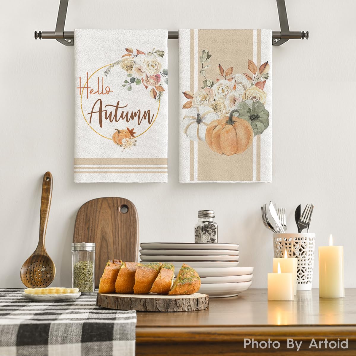 Artoid Mode Fall Pumpkin Flower Vases Kitchen Towels Dish Towels, 18x26 Inch Seasonal Autumn Thanksgiving Ultra Absorbent Bar Tea Hand Towel Set of 4