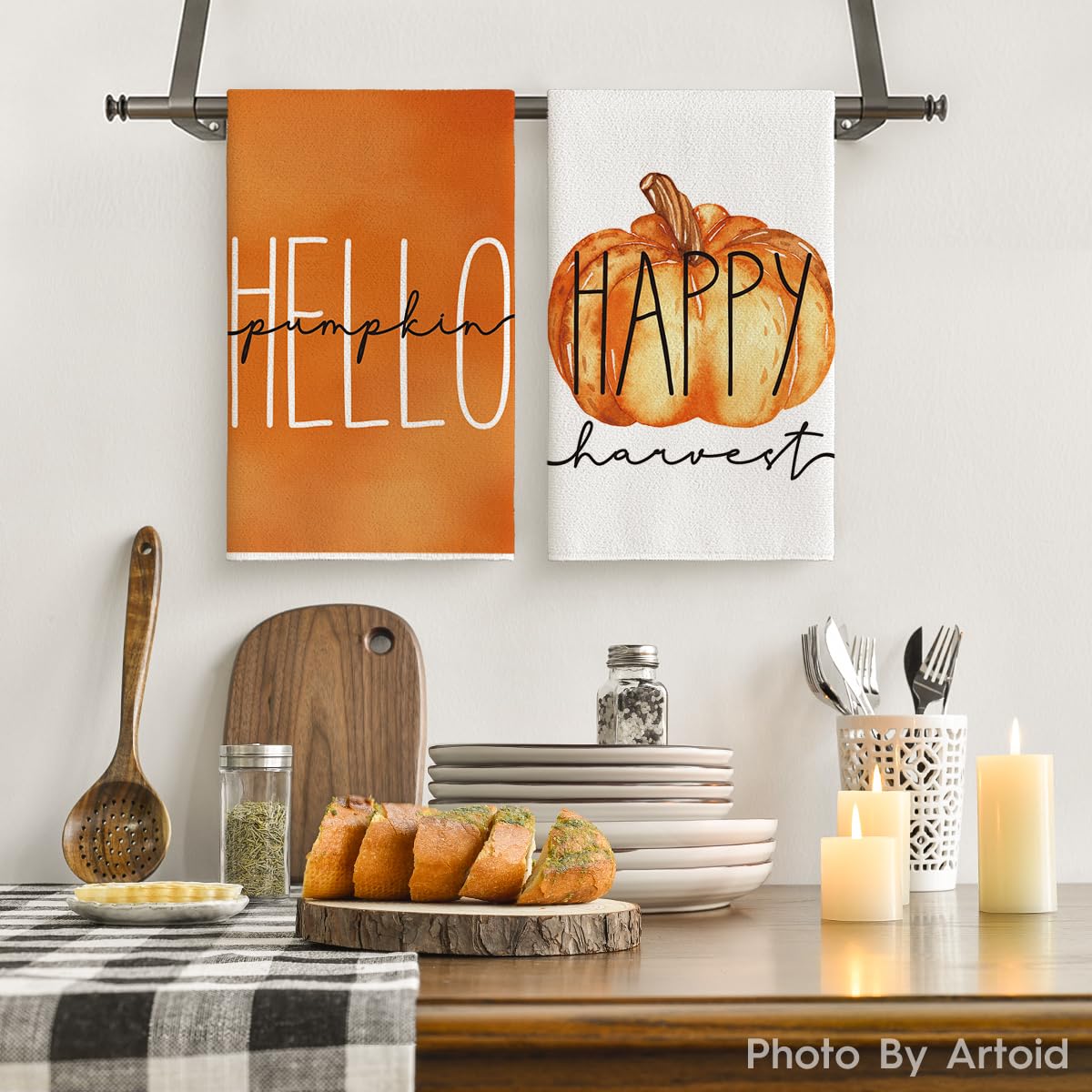 Artoid Mode Maple Leaves Hello Pumpkin Fall Kitchen Towels Dish Towels, 18x26 Inch Happy Harvest Decoration Hand Towels Set of 4