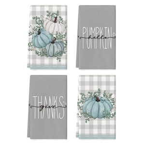 artoid mode blue eucalyptus leaves hello pumpkin fall kitchen towels dish towels, 18x26 inch seasonal give thanks decoration hand towels set of 4