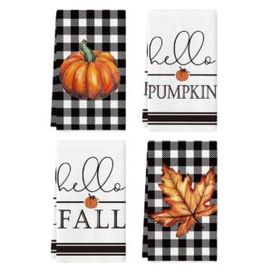 artoid mode buffalo plaid pumpkin hello fall kitchen towels dish towels, 18x26 inch decoration hand towels set of 4